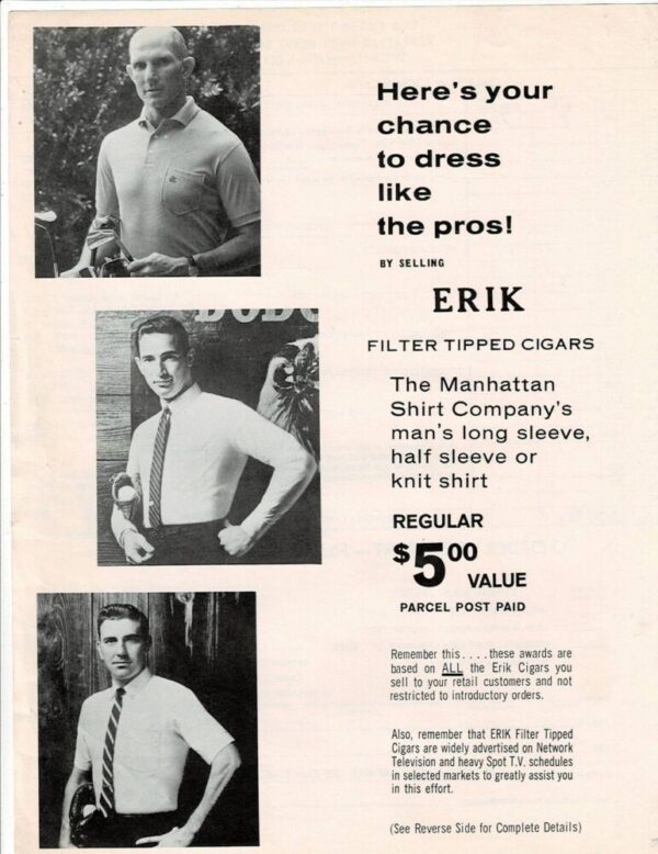 Erik Filter Tipped Cigars Order Sheet Advertisement w/ Sandy Koufax ...